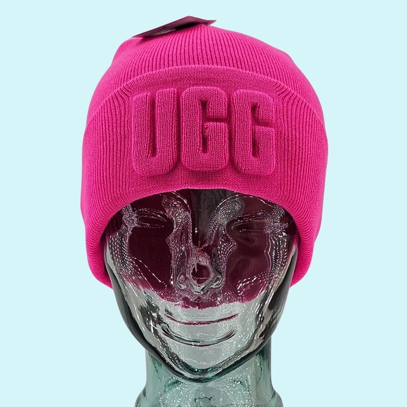 UGG | Accessories | Ugg Hat Beanie Neon Pink Wool Blend 3d Logo Knit ...